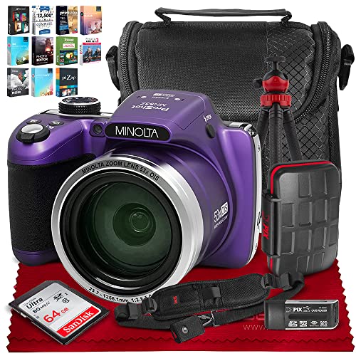 Minolta Pro Shot 16 MegaPixel HD Digital Camera (MN53Z) Purple w/ 53x Optical Zoom, Full 1080p HD Video + 16GB SD Card, plus Deluxe Bundle w/64GB Ultra Memory Card, Padded Carrying Case and more