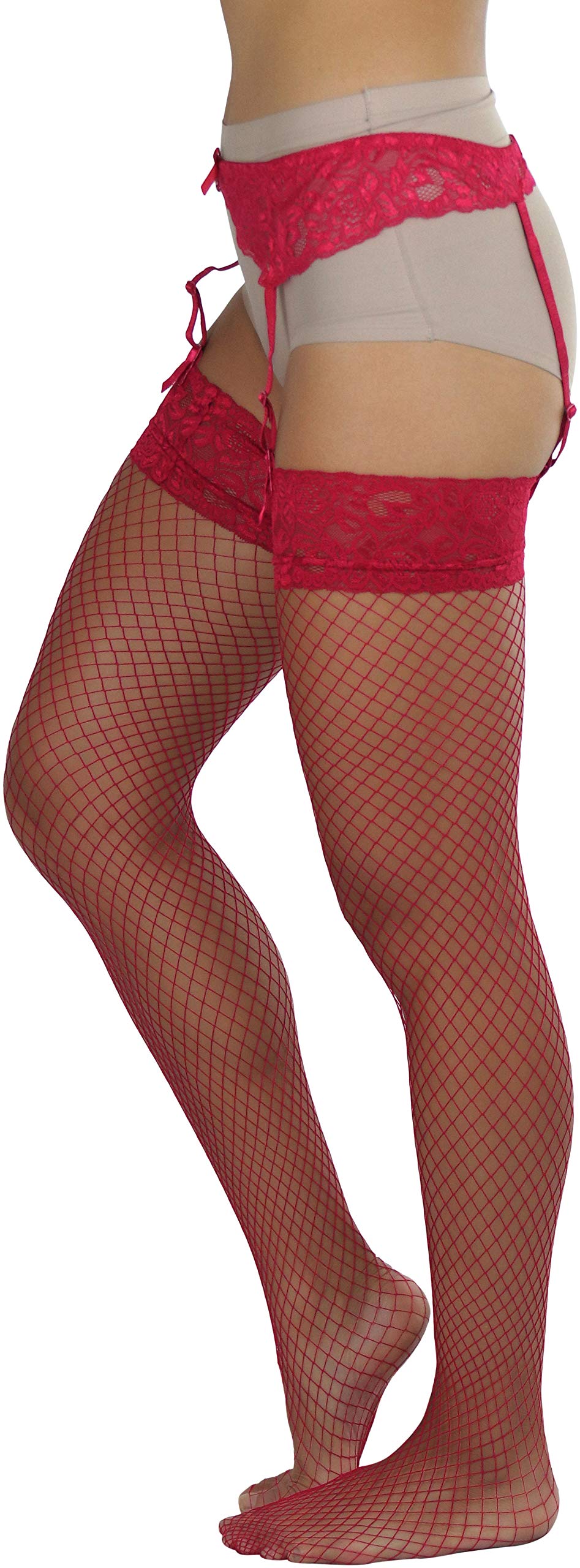 ToBeInStyle Women's Two Piece Fishnet Lacetop Stocking with Lace Garter Belt - Red