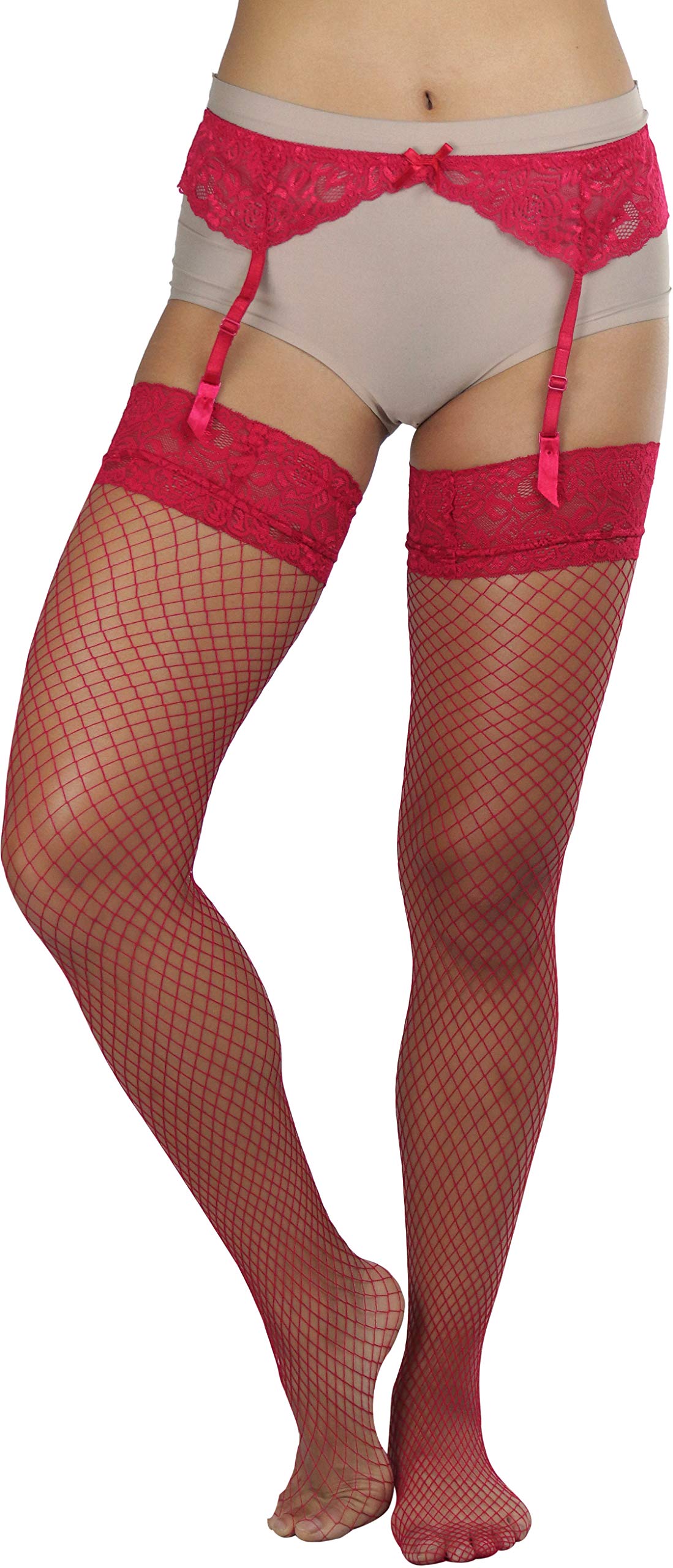 ToBeInStyle Women's Two Piece Fishnet Lacetop Stocking with Lace Garter Belt - Red