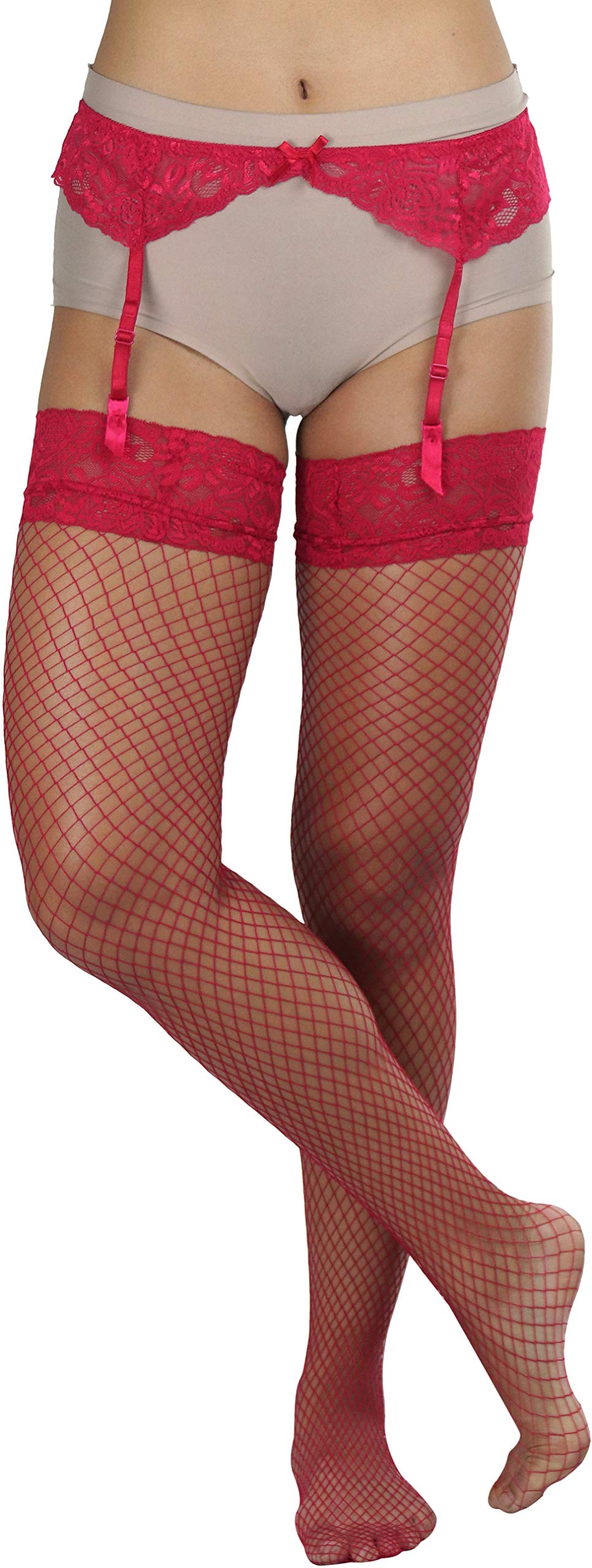 ToBeInStyle Women's Two Piece Fishnet Lacetop Stocking with Lace Garter Belt - Red