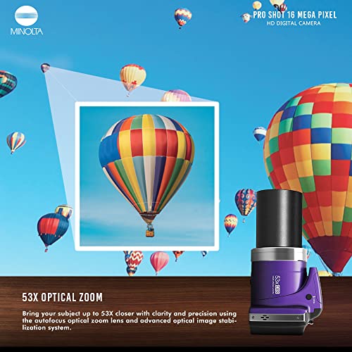 Minolta Pro Shot 16 MegaPixel HD Digital Camera (MN53Z) Purple w/ 53x Optical Zoom, Full 1080p HD Video + 16GB SD Card, plus Deluxe Bundle w/64GB Ultra Memory Card, Padded Carrying Case and more