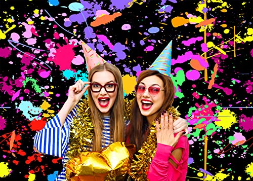 OUYIDA 8X6FT Neon Glow Birthday Party Photography Backdrop Colorful Graffiti Splatter in The Dark Happy Birthday Background Retro Let's Dance Sleppover Party Decor Photo Booth Props CEM123C