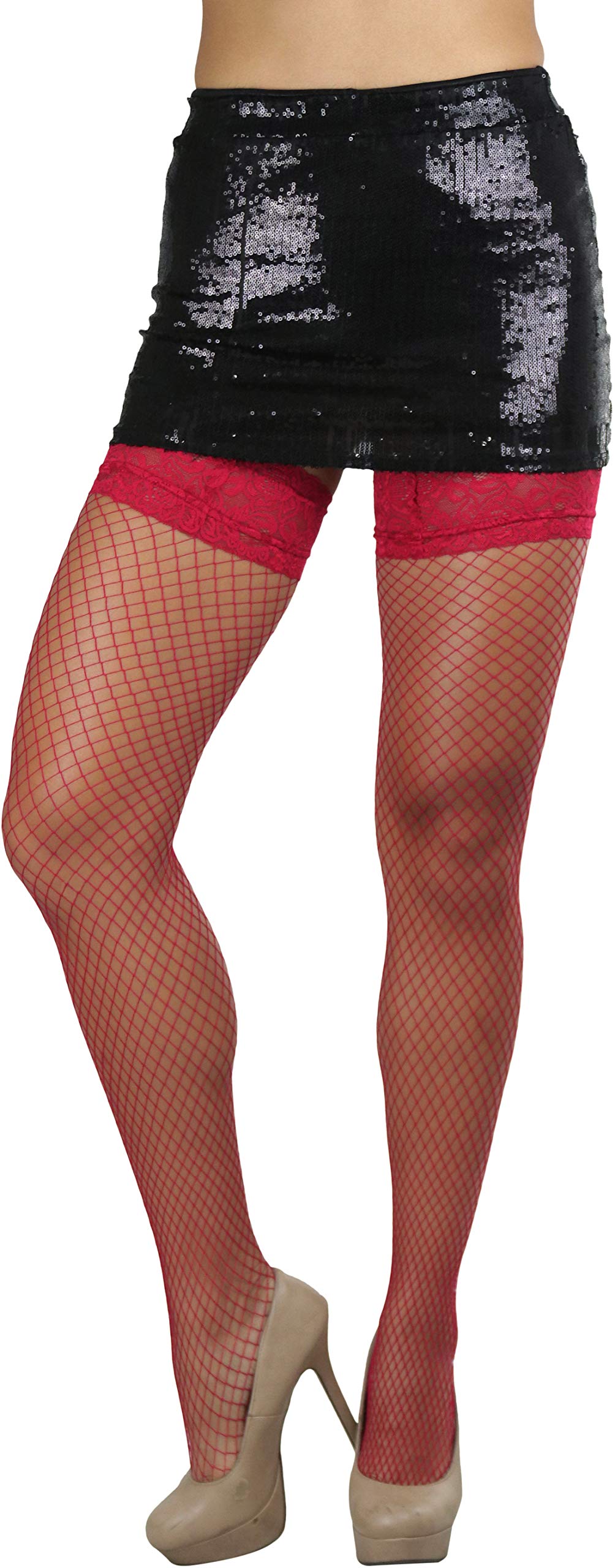 ToBeInStyle Women's Two Piece Fishnet Lacetop Stocking with Lace Garter Belt - Red