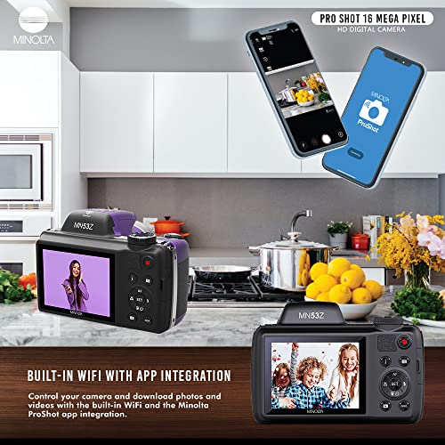 Minolta Pro Shot 16 MegaPixel HD Digital Camera (MN53Z) Purple w/ 53x Optical Zoom, Full 1080p HD Video + 16GB SD Card, plus Deluxe Bundle w/64GB Ultra Memory Card, Padded Carrying Case and more
