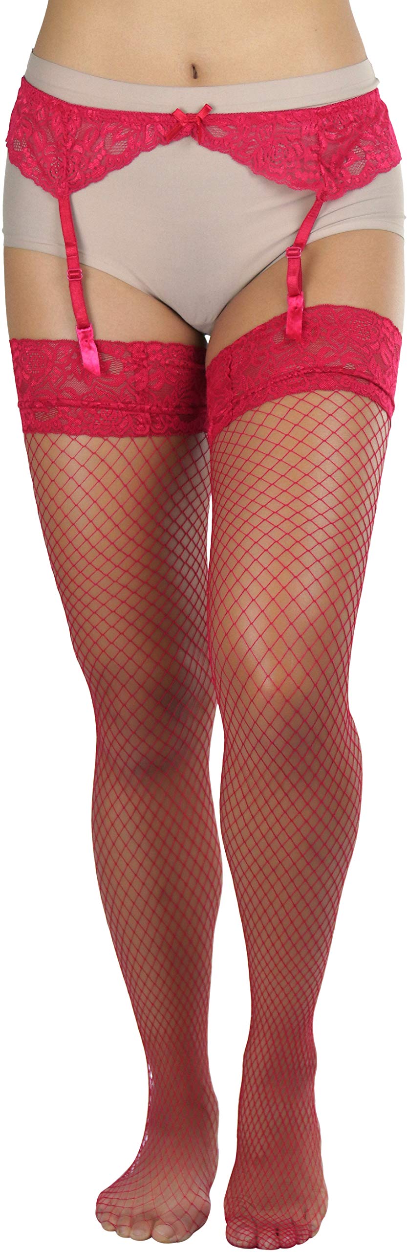 ToBeInStyle Women's Two Piece Fishnet Lacetop Stocking with Lace Garter Belt - Red