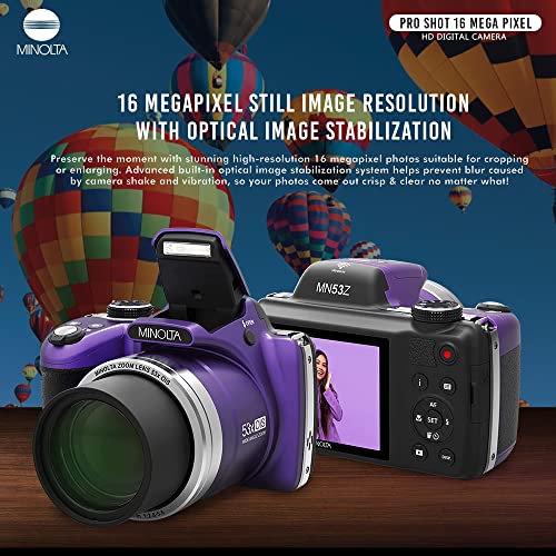 Minolta Pro Shot 16 MegaPixel HD Digital Camera (MN53Z) Purple w/ 53x Optical Zoom, Full 1080p HD Video + 16GB SD Card, plus Deluxe Bundle w/64GB Ultra Memory Card, Padded Carrying Case and more