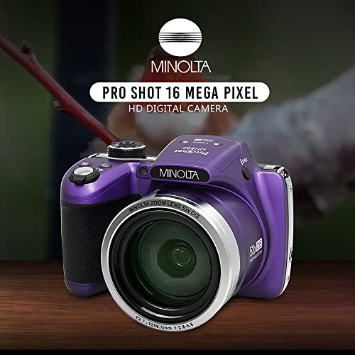 Minolta Pro Shot 16 MegaPixel HD Digital Camera (MN53Z) Purple w/ 53x Optical Zoom, Full 1080p HD Video + 16GB SD Card, plus Deluxe Bundle w/64GB Ultra Memory Card, Padded Carrying Case and more