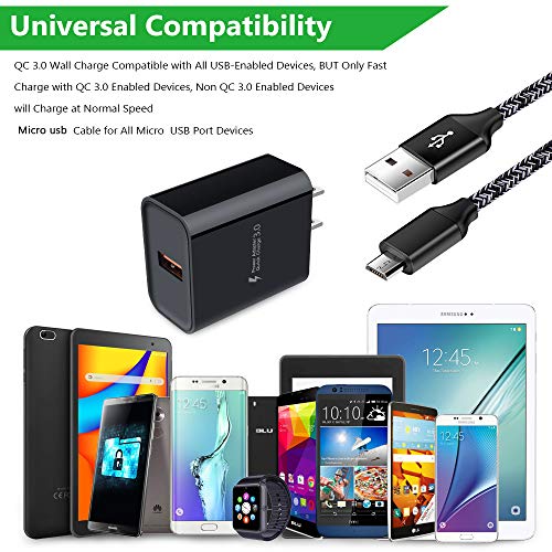 Quick Charge 3.0 Fast Charging Block Wall Charger with 3ft Micro USB Cable Android Fast Charger for Samsung Galaxy S7 S6 Edge A10 A9 A6 J7 J3,LG Stylo 3 2 K30,Moto E7 E6S E6 E5 E4 G5S G4,Kindle fire