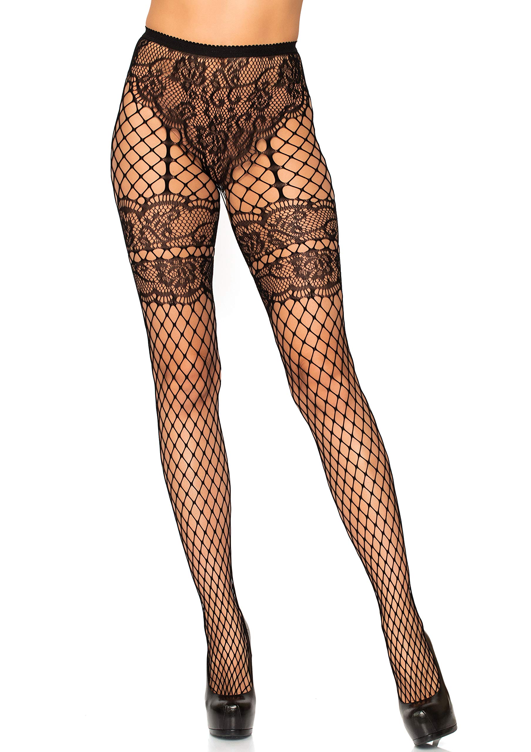 Leg Avenue 9281-00122 Lace French Cut Faux Garter Industrial Net Tights, O/S, Black