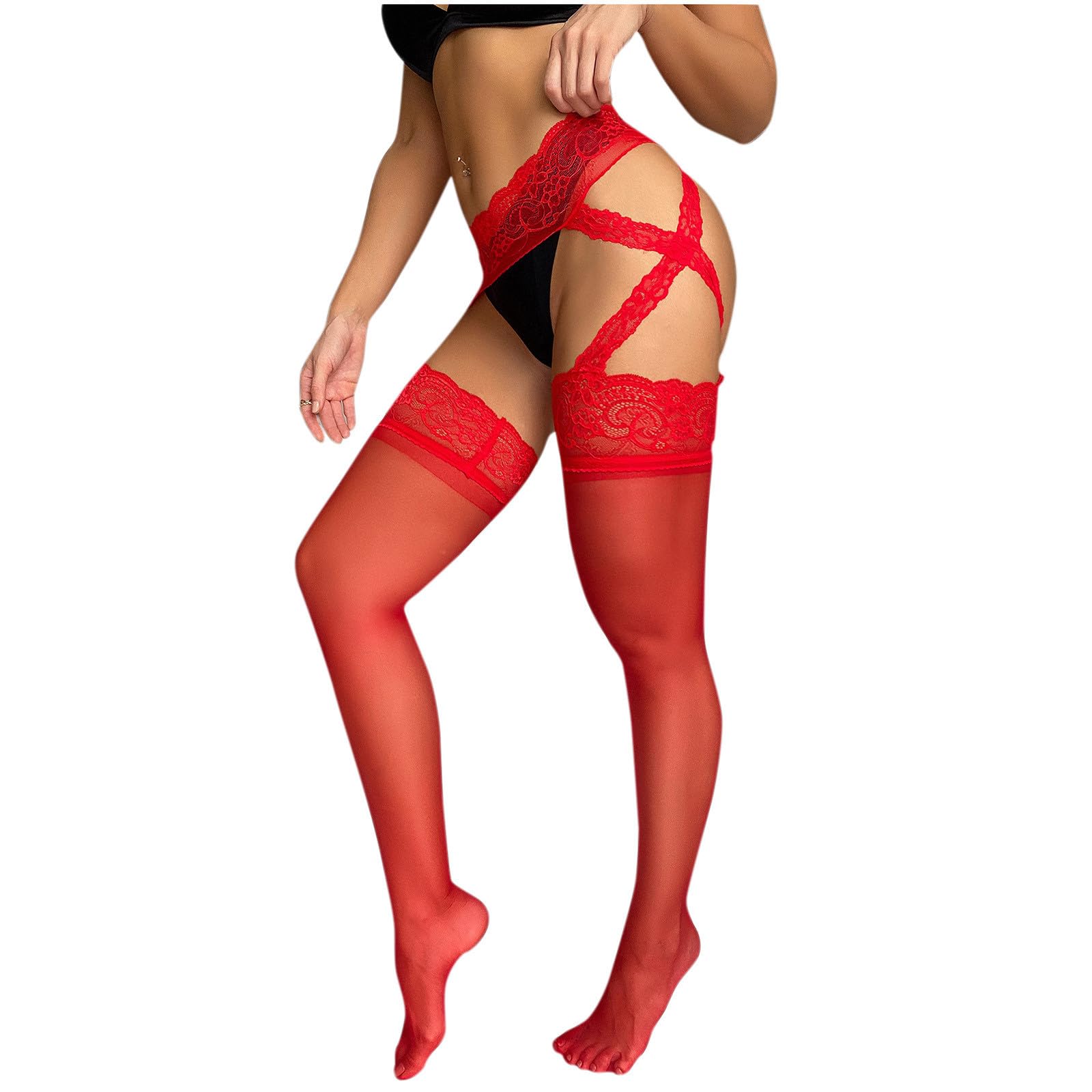 CanB Lace Thigh Highs Garter Stockings High Waist Tights Fishnets Thigh Suspender Pantyhose Stockings for Women (red)