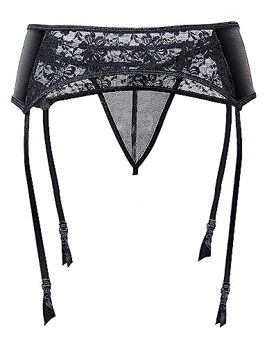 ohyeah Women Black Lace Garter Belt for Thigh Highs Stockings Sexy Mesh Suspender 4 Slips Garter Belts (No Sock) S-M