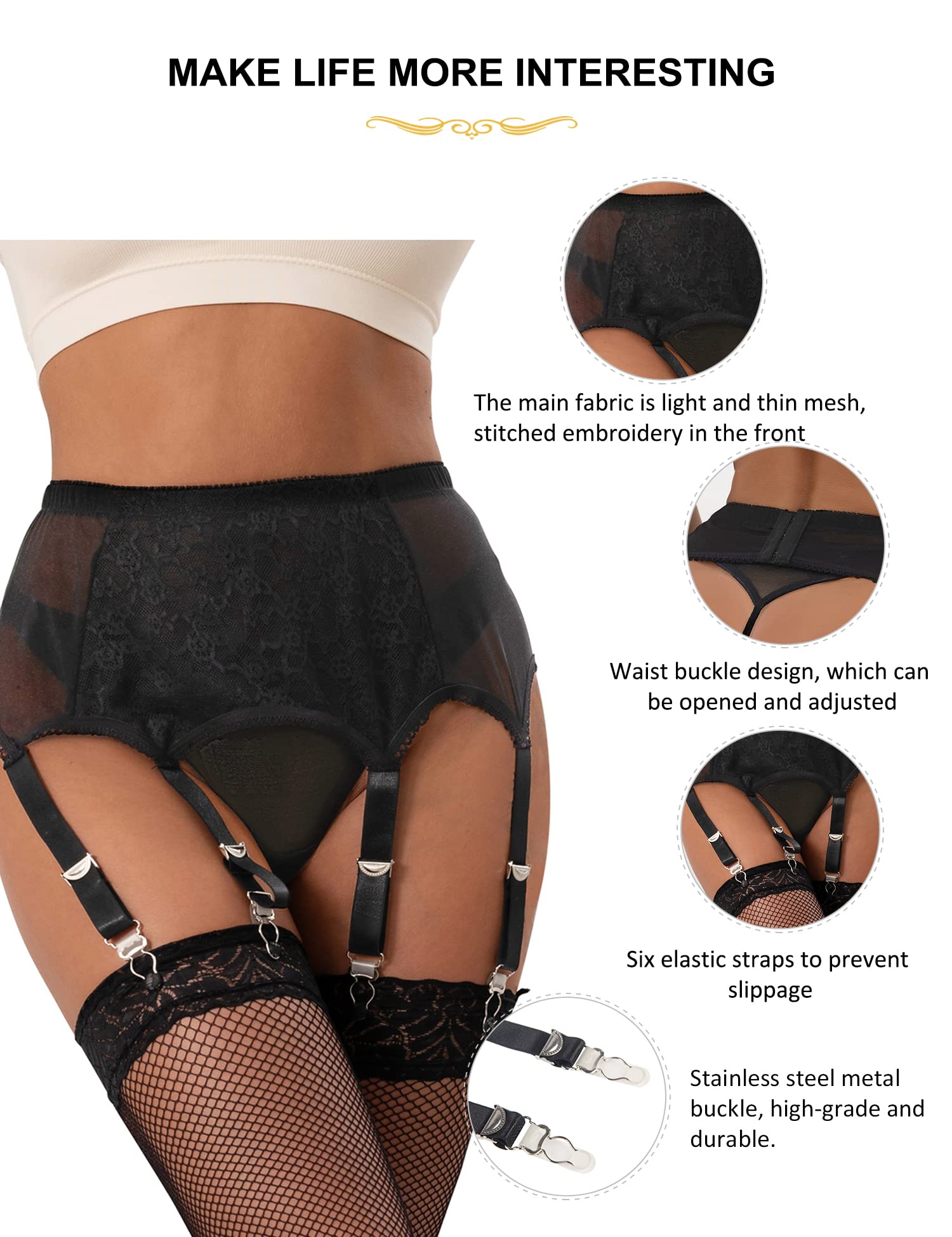ohyeahqueen Plus Size High Waisted Garter Belt for Women Mesh Lace Suspender Belt with 6 Straps Metal Clip for Stocking