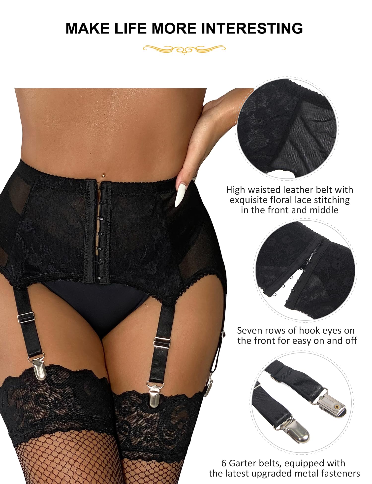 comeondear Thigh High Stockings with Garter Belt Set Plus Size Lace Garter Belt Lingerie for Women 6 Strap Suspender Belt