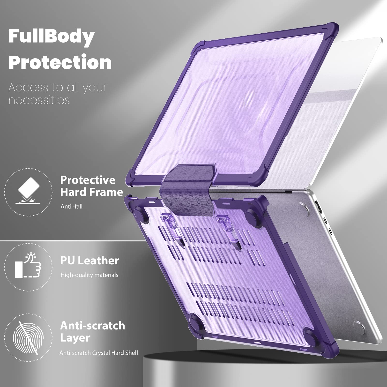Yebiseven Case for M3/M2 MacBook Air 15 inch 2024 2023 Released A3114/A2941, Heavy Duty Shockproof Laptop Case with Keyboard Cover & Trackpad Protector & OTG Adapter & 2 Webcam Cover, XK-Purple