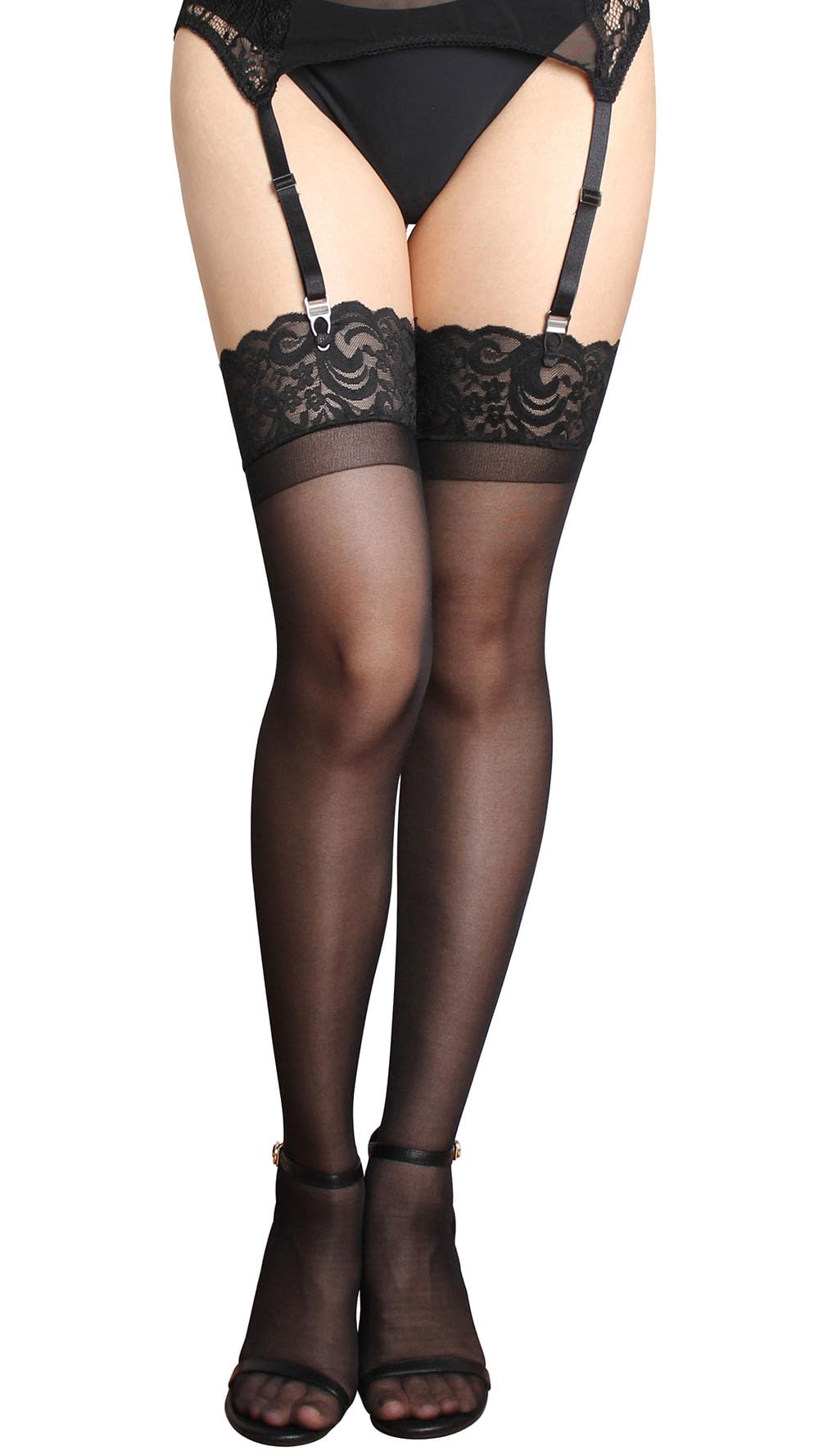 GARGALA Lace Top Sheer Thigh High Stockings Pantyhose Plus Size for Women Lingerie Garter Belt with Non Slip Silicone (Black, One Size)