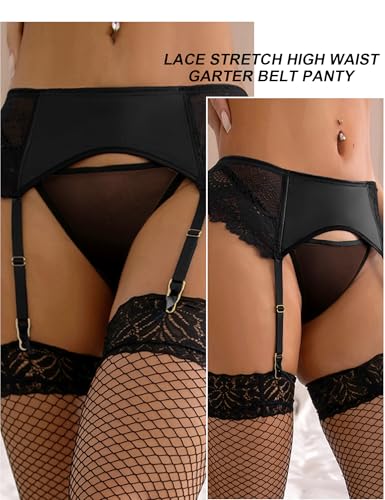 ohyeah Black Floral Lace Garter Belts for Thigh Highs Stockings 4-Strap Metal Clips Mesh Suspender Garter Belt Lingerie XS-S