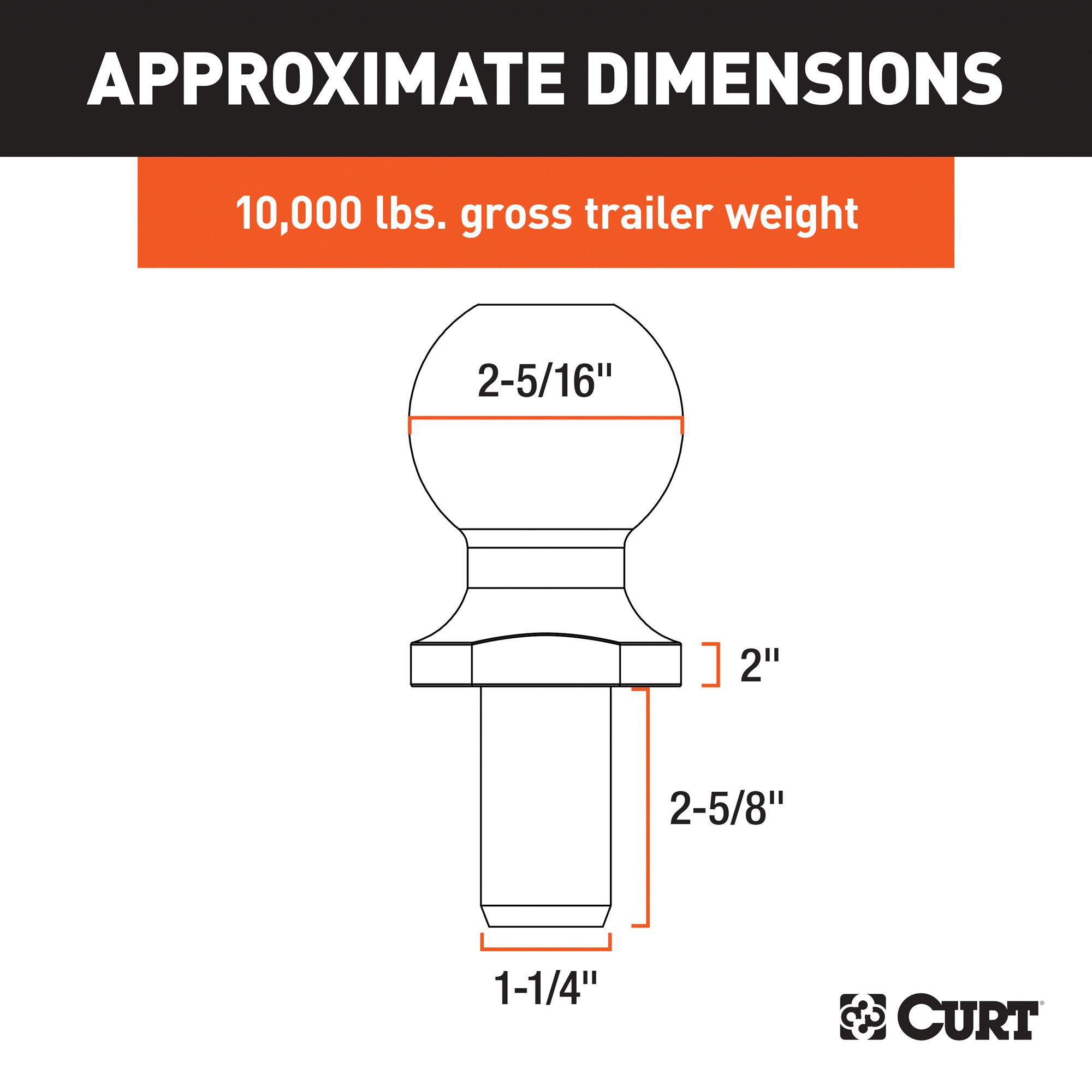 CURT 40036 Chrome Trailer Hitch Ball, 10,000 lbs, 2-Inch Rise, 2-5/16-Inch Diameter, 1-1/4 x 2-5/8-Inch Shank