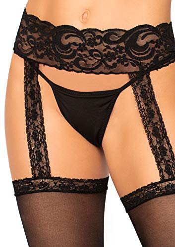 Leg Avenue womens Sheer Stockings With Attached Garter Belt Hosiery, Black Lace, Queen US