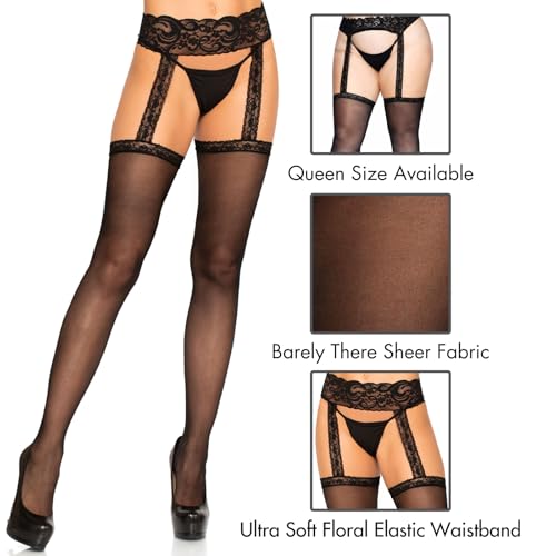 Leg Avenue womens Sheer Stockings With Attached Garter Belt Hosiery, Black Lace, Queen US