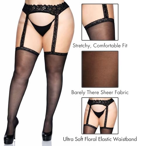 Leg Avenue womens Sheer Stockings With Attached Garter Belt Hosiery, Black Lace, Queen US
