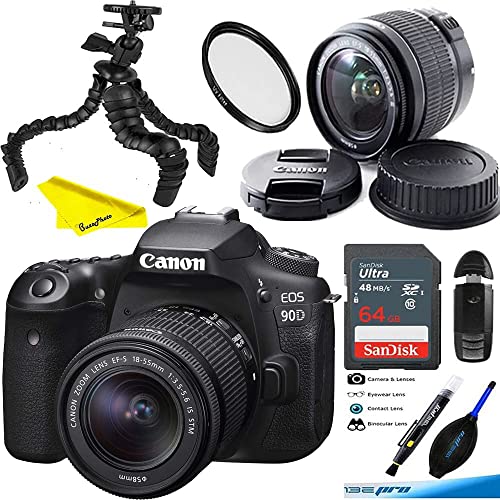 EOS 90D with EF-S 18-55 is STM Lens Kit, Built-in Wi-Fi, Dual Pixel CMOS AF and 3.0-inch Vari-Angle Touch Screen, Black + 16GB Buzz Essential Accessories Bundle