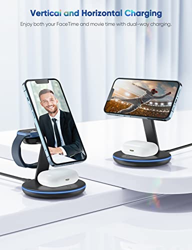 Magnetic Wireless Charging Station for Apple Series, 3-in-1 Standard 15W Fast Mag-Safe Charger Stand with QC3.0 Adapter, for iPhone 14,13,12 Pro Max/Pro/Mini/Plus, iWatch Ultra/8/7/6/5/4/3/2, AirPodsā¦