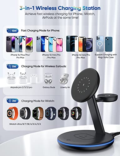 Magnetic Wireless Charging Station for Apple Series, 3-in-1 Standard 15W Fast Mag-Safe Charger Stand with QC3.0 Adapter, for iPhone 14,13,12 Pro Max/Pro/Mini/Plus, iWatch Ultra/8/7/6/5/4/3/2, AirPodsā¦