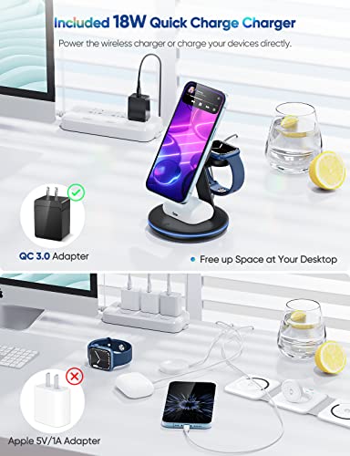 Magnetic Wireless Charging Station for Apple Series, 3-in-1 Standard 15W Fast Mag-Safe Charger Stand with QC3.0 Adapter, for iPhone 14,13,12 Pro Max/Pro/Mini/Plus, iWatch Ultra/8/7/6/5/4/3/2, AirPodsā¦