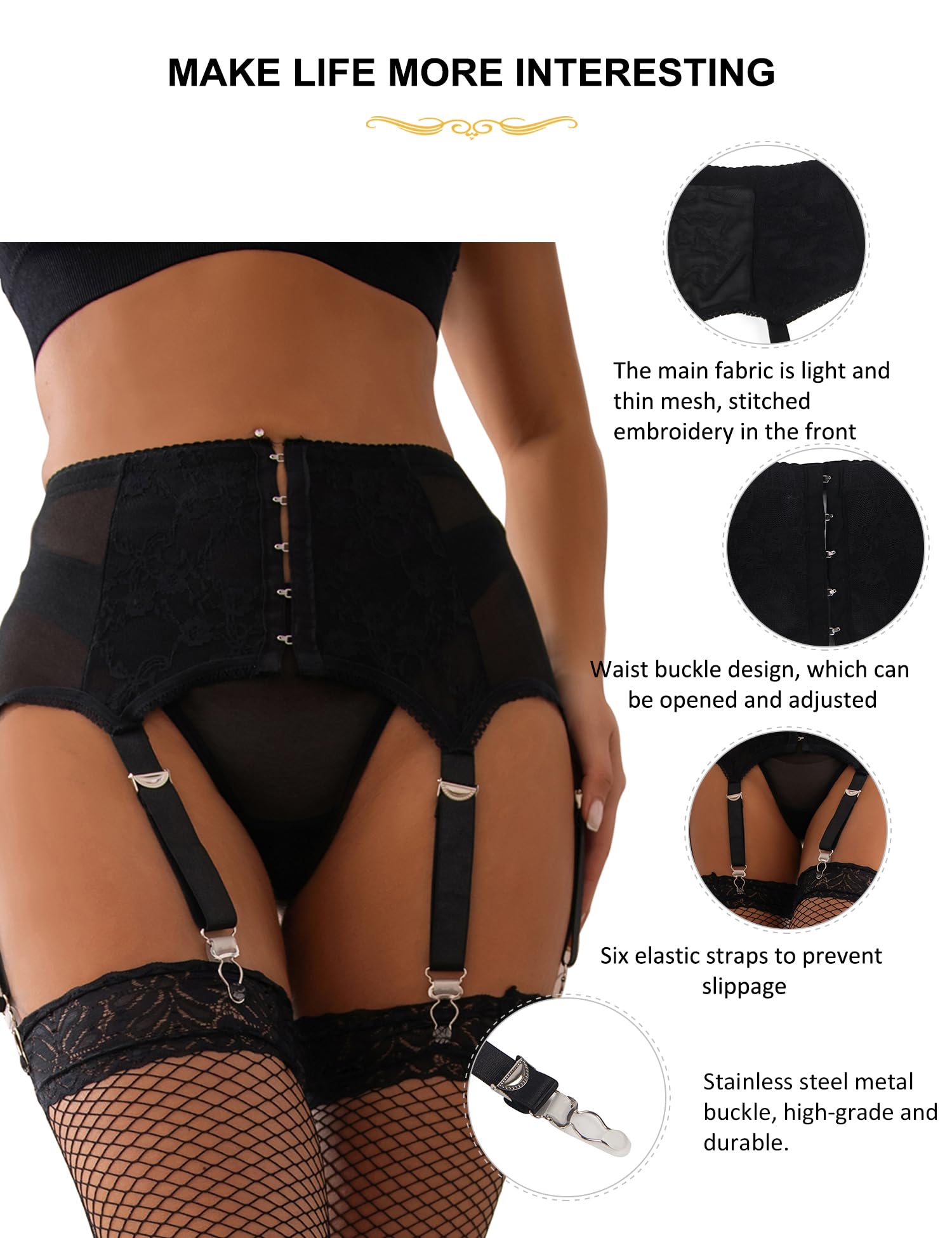 comeondear Women's Garter Belt Plus Size High-Waisted Garter Belts and Stockings Set Lace 6 Elastic Suspender Belt