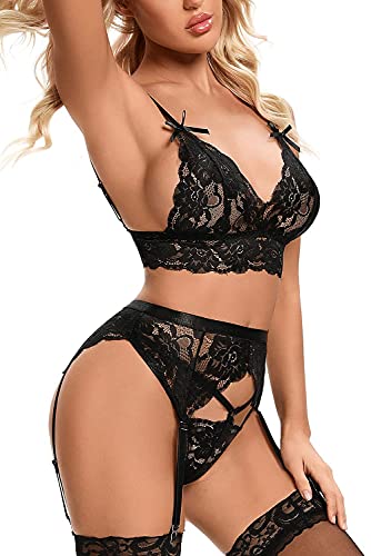 Aranmei Women Lingerie Sets with Garter Belt 3 Piece Sexy Lace Teddy Babydoll Bodysuit Black S