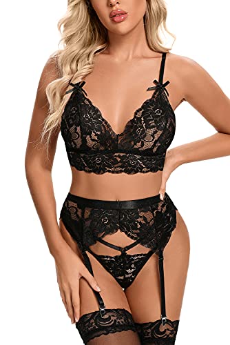 Aranmei Women Lingerie Sets with Garter Belt 3 Piece Sexy Lace Teddy Babydoll Bodysuit Black S