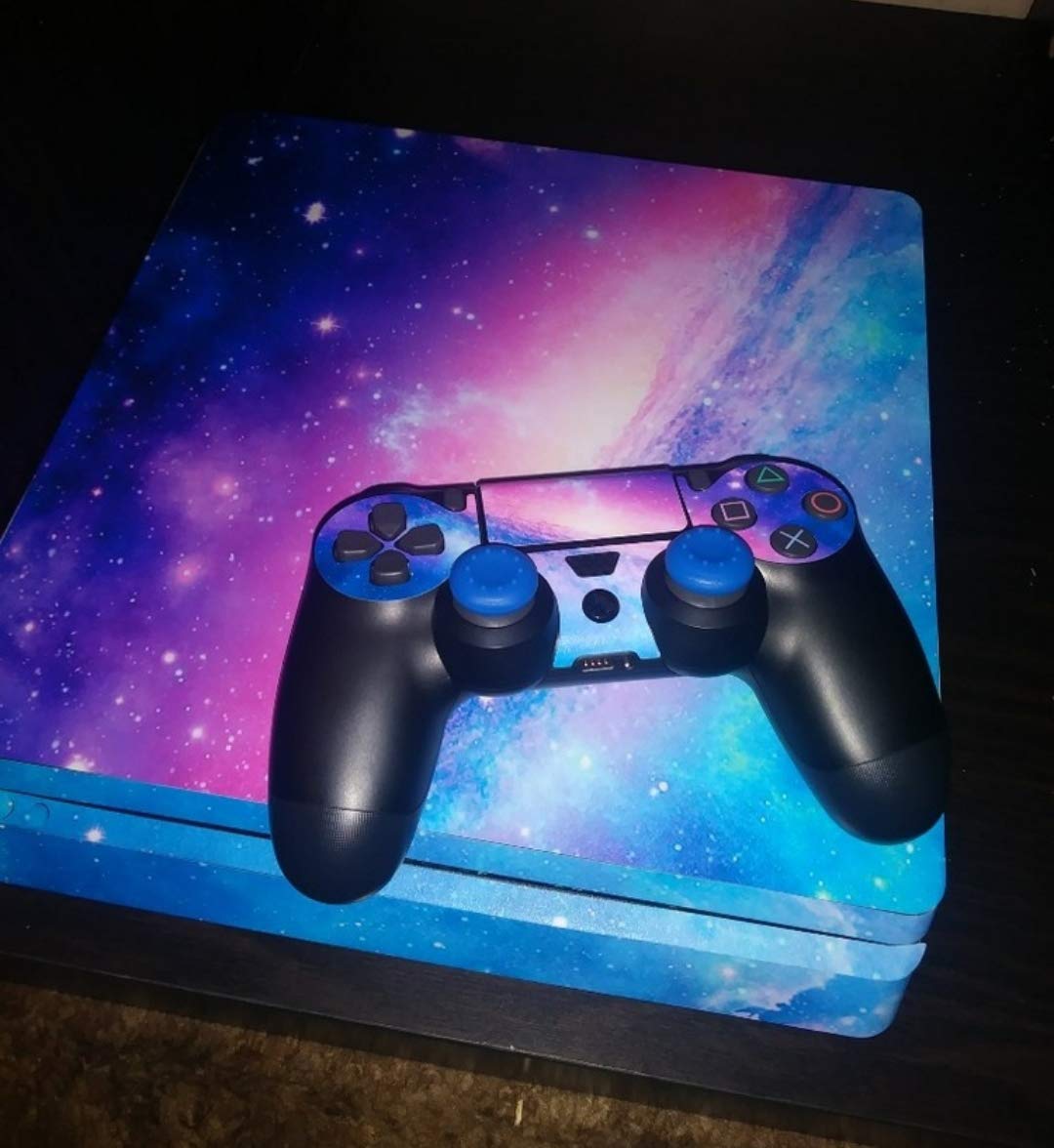 Ps4 Slim Stickers Full Body Vinyl Skin Decal Cover for PlayStation 4 Console Controllers (with 4pcs Led Lightbar Stickers) (Blue fire) (Pink Sky)