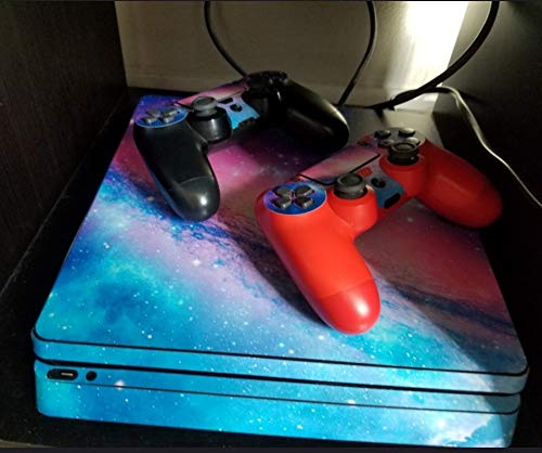 Ps4 Slim Stickers Full Body Vinyl Skin Decal Cover for PlayStation 4 Console Controllers (with 4pcs Led Lightbar Stickers) (Blue fire) (Pink Sky)