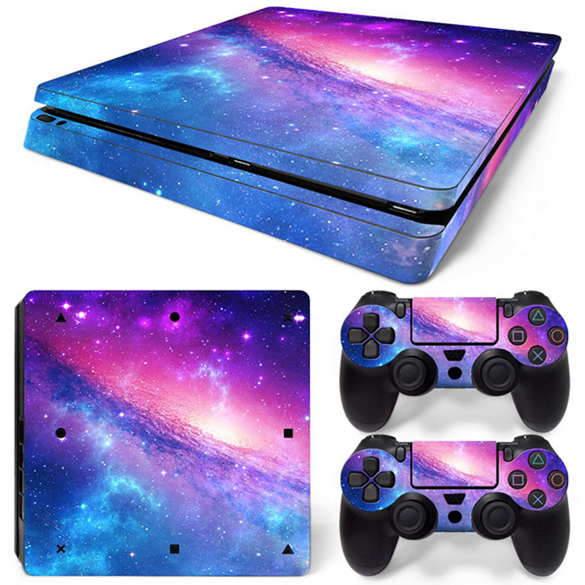 Ps4 Slim Stickers Full Body Vinyl Skin Decal Cover for PlayStation 4 Console Controllers (with 4pcs Led Lightbar Stickers) (Blue fire) (Pink Sky)