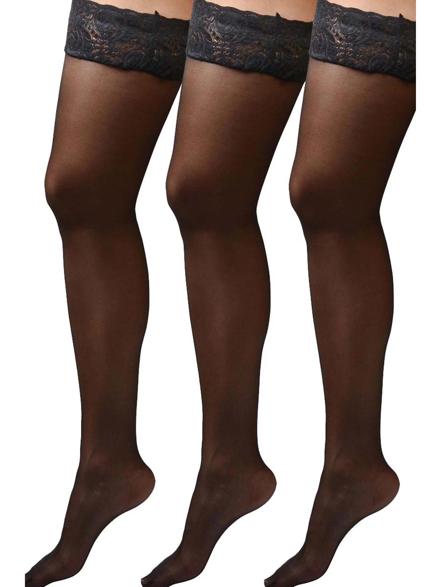 Angelique Womens Plus Size Hosiery Sheer Lace Top Black Thigh High Stockings For Garter Belt- 3 Pack