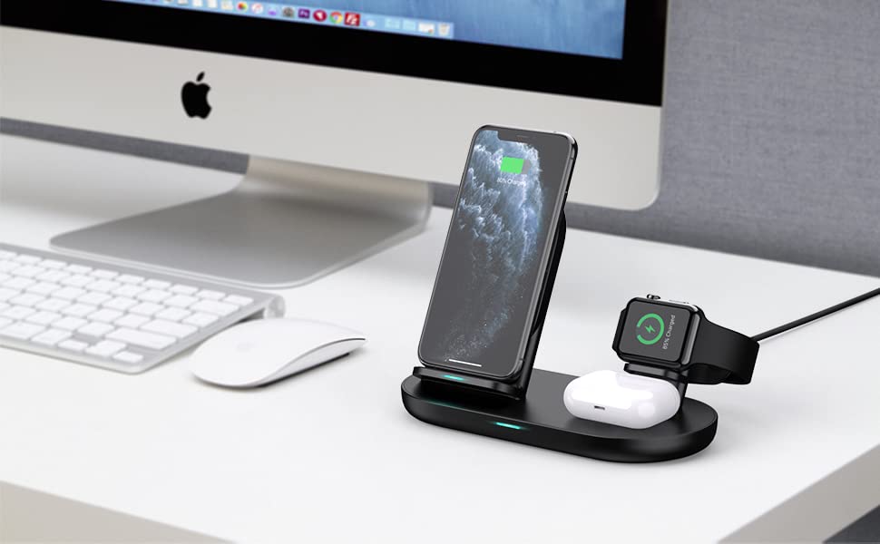Wireless Charging Stand, 3 in 1 Wireless Charger Dock Station, Fast Wireless Charger 3 in 1 Compatible with Cell Phone, Smart Watch and TWS Earbuds (No AC Adapter)