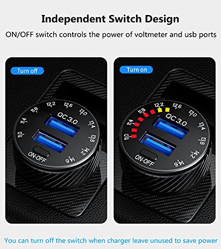 KEWIG Car Charger, 36W Fast Car Charger Adapter, Dual USB Car Charger Fast Charge with Colorful Voltmeter & ON/Off Switch
