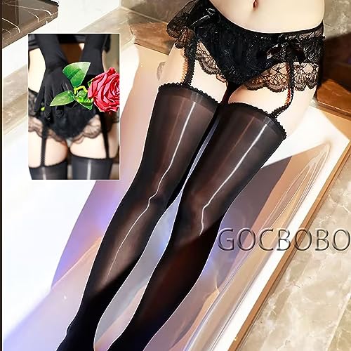 GOCBOBO Women's Suspender Pantyhose Shiny Suspenders Tights Lace Top Sheer Suspender Stockings 8 Denier Black