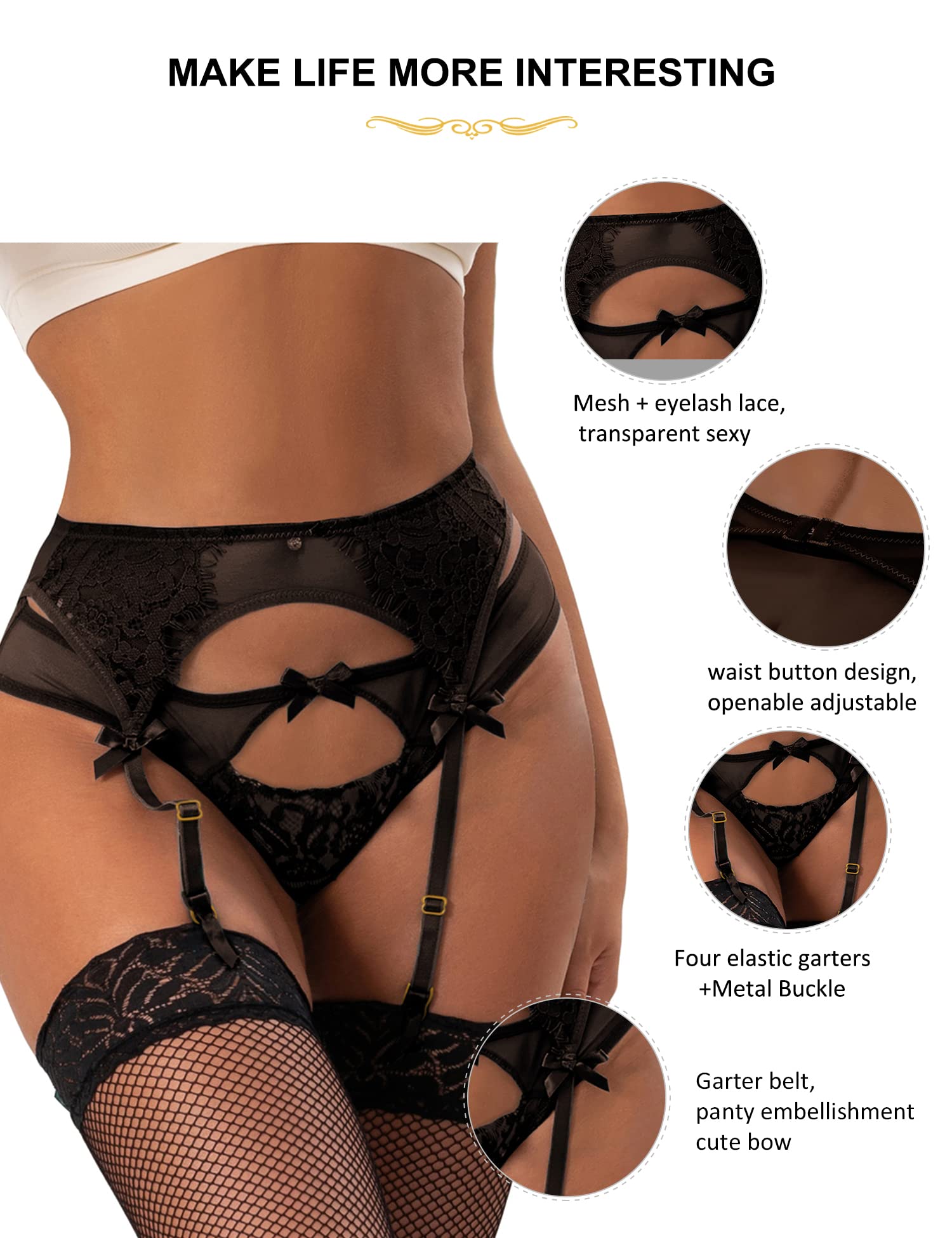 Garter Belts Plus Size Lace High Waisted Suspender Belt with 4 Metal Clip for Women's Stockings/Lingerie Black