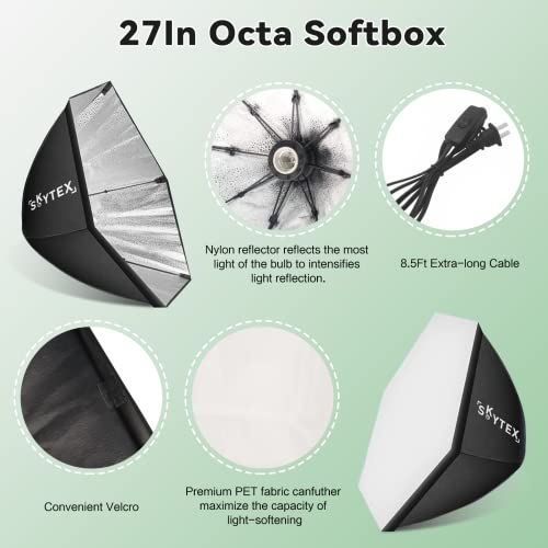 Octa Softbox Lighting Kit, Skytex Upgrade Continuous Photography Lighting Kit with sandbags, 28In Diameter Octa Soft Box | 135W 2700-6400K LED Bulb, Studio Lights for Photo Shooting, Video Recording