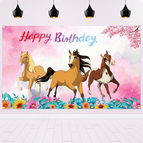Chrzee Cartoon Spirit Horse Backdrop - 5x3FT Pink Happy Birthday Backdrop Spirit Horse Party Supplies Decorations for Girls Boys Kids