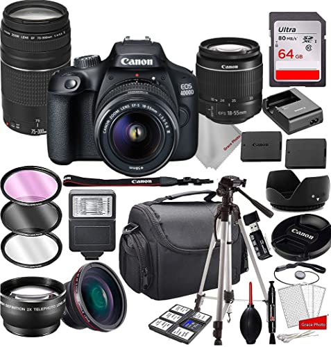 4000D (Rebel T100) DSLR Camera with 18-55mm f/3.5-5.6 III Zoom Lens & 75-300mm III Lens Bundle + 64GB Memory, Case, Tripod, Extra Battery and More