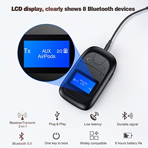 Visible Bluetooth Transmitter Receiver for TV PC - Tensun Bluetooth Audio Transmitter Adapter 3.5mm with Display Screen, Low Latency AUX RCA Stereo Bluetooth 5.0 Adapter for Headphones Speaker Car