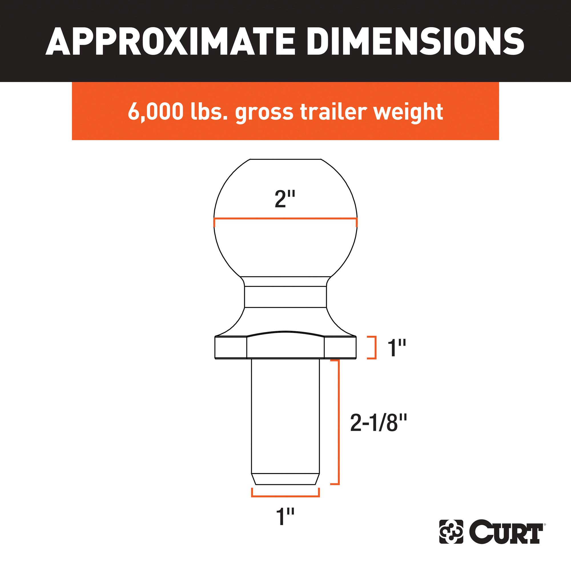 CURT 40033 Chrome Trailer Hitch Ball, 6,000 lbs, 1-Inch Rise, 2-Inch Diameter, 1 x 2-1/8-Inch Shank