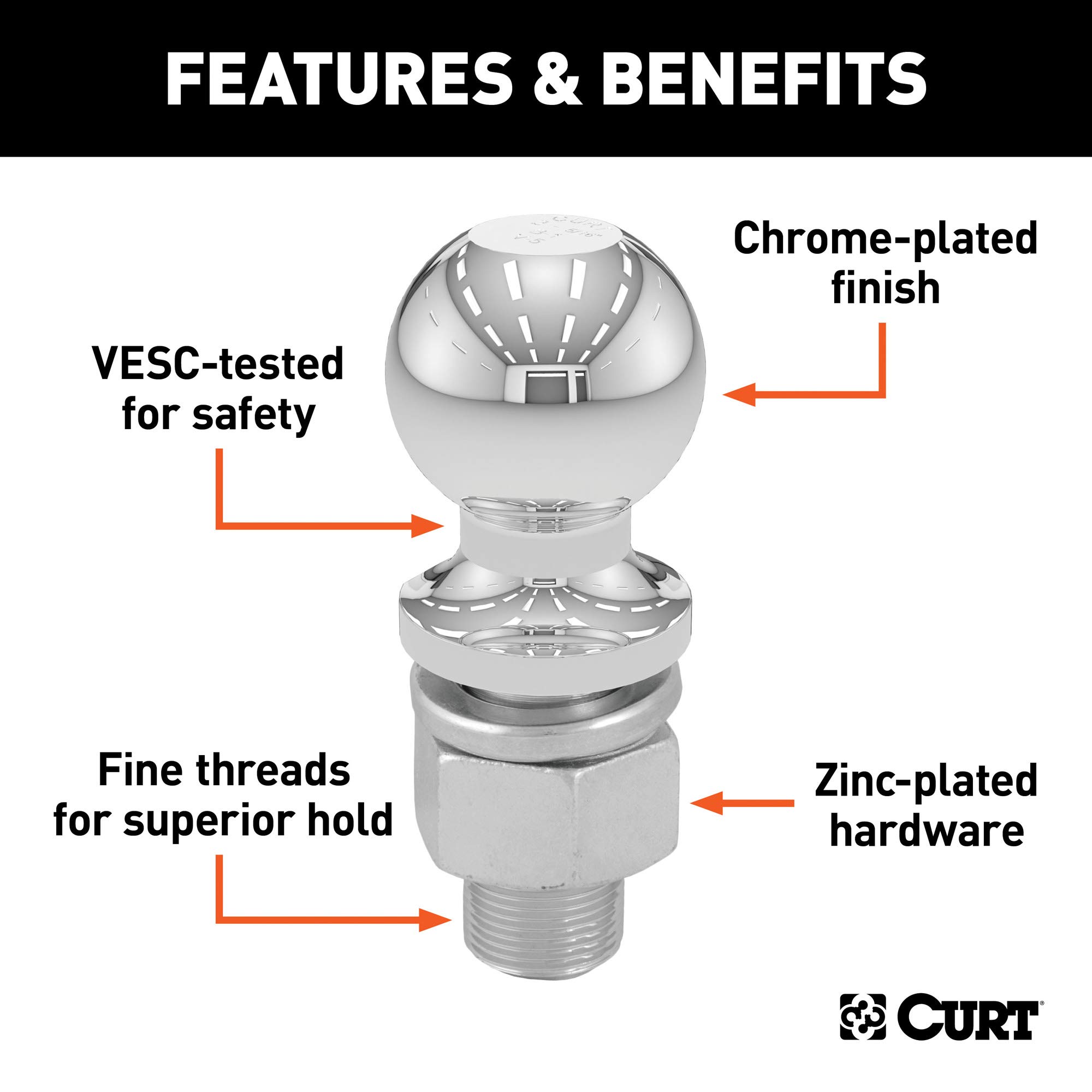 CURT 40033 Chrome Trailer Hitch Ball, 6,000 lbs, 1-Inch Rise, 2-Inch Diameter, 1 x 2-1/8-Inch Shank