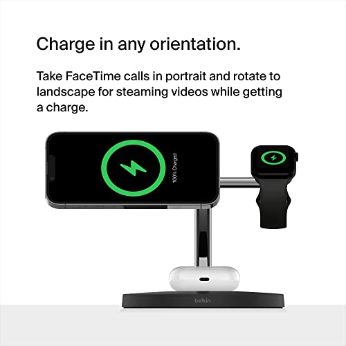Belkin MagSafe 3-in-1 Wireless Charging Stand - 2ND GEN w/ 33% Faster Wireless Charging for Apple Watch - iPhone 14, 13 & 12 series & AirPods - MagSafe Charging Station For Multiple Devices - Black