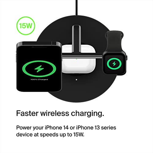 Belkin MagSafe 3-in-1 Wireless Charging Stand - 2ND GEN w/ 33% Faster Wireless Charging for Apple Watch - iPhone 14, 13 & 12 series & AirPods - MagSafe Charging Station For Multiple Devices - Black