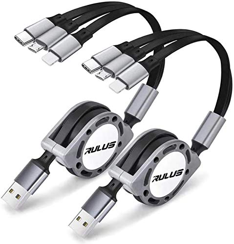 2 Pack Rulus 4Ft 3.0A Retractable Multi USB Charger Cord, Multiple Charging Cable 3-in-1 USB Charge Cord with Type-C/Micro-USB Port Compatibility with Cell Phones/Galaxy S10/S9/S8/S7/Huawei/LG (Gray)