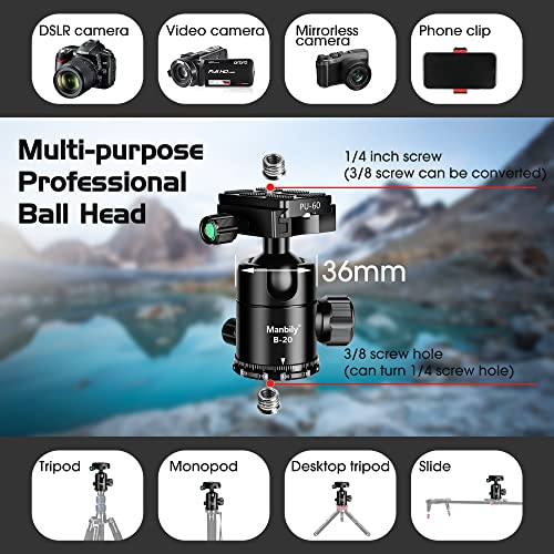 Manbily Professional Tripod Ball Head,Super Long Lens Does Not Easy Nod or Sag,Rotate 360 Degrees,Quick Release Plate and Level Gauge,CNC Metal Aluminum,for DSLR,Camcorder,monopod,Up to 33lbs/15kg