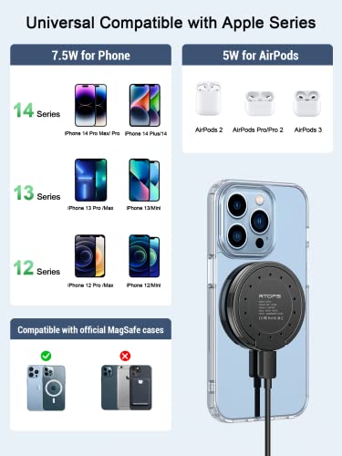 RTOPS Magnetic Wireless Charger, Fast Wireless Charging Pad, Travel Wireless Phone Charger with Kickstand, Compatible for iPhone 14/Pro/Max/Plus/13/12, AirPods (18W Adapter Included)
